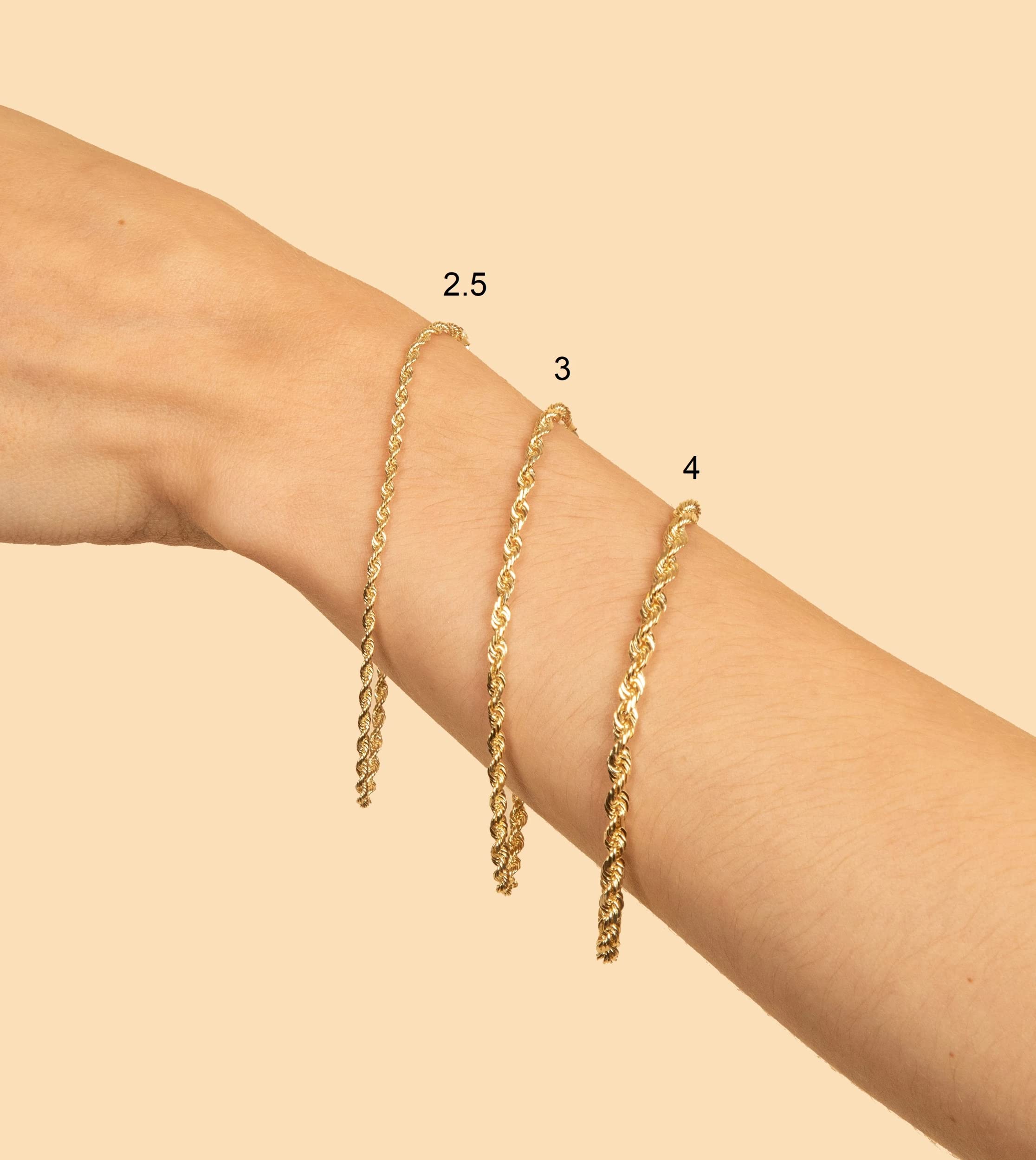 Olive & Chain 14k Solid Gold Rope Chain Bracelet for Men/Women, Diamond Cut, Yellow Gold, Hypoallergenic, Lobster Clasp Closure
