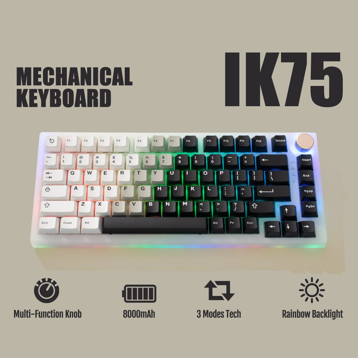 SUEHIODHY IK75 Pro Gasket Hot Swap Mechanical Keyboard 2.4GHz/Bluetooth 5.0/USB-C Gaming Keyboard with Knob 16.8M RGB Backlit Doubleshot Keycaps for Win/Mac(Mintcaps Lubed Switch)