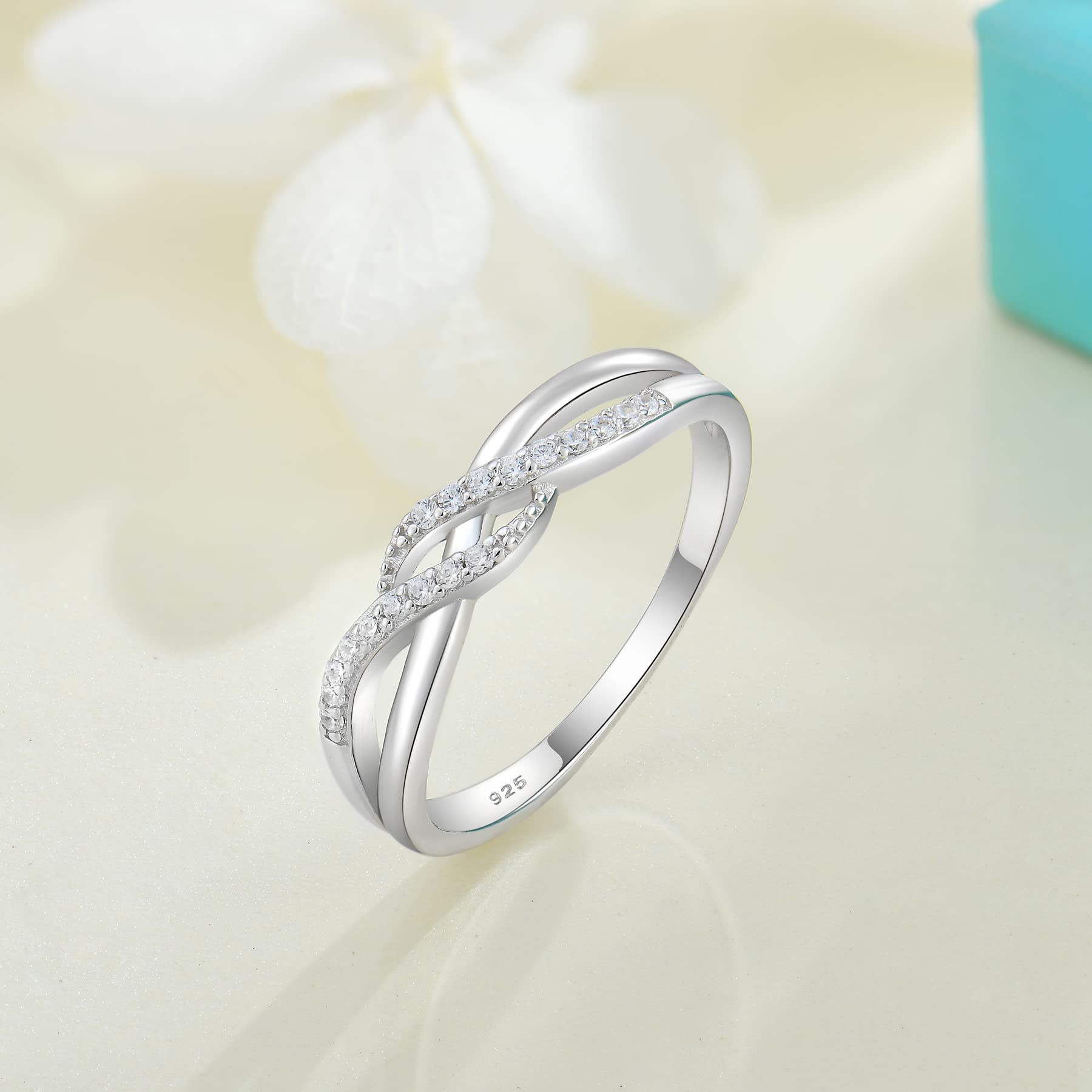 PAZEEN Infinity Twist Wedding Ring 925 Sterling Silver Criss Cross Ring Cubic Zirconia Statement Band Promise Ring for Her size8