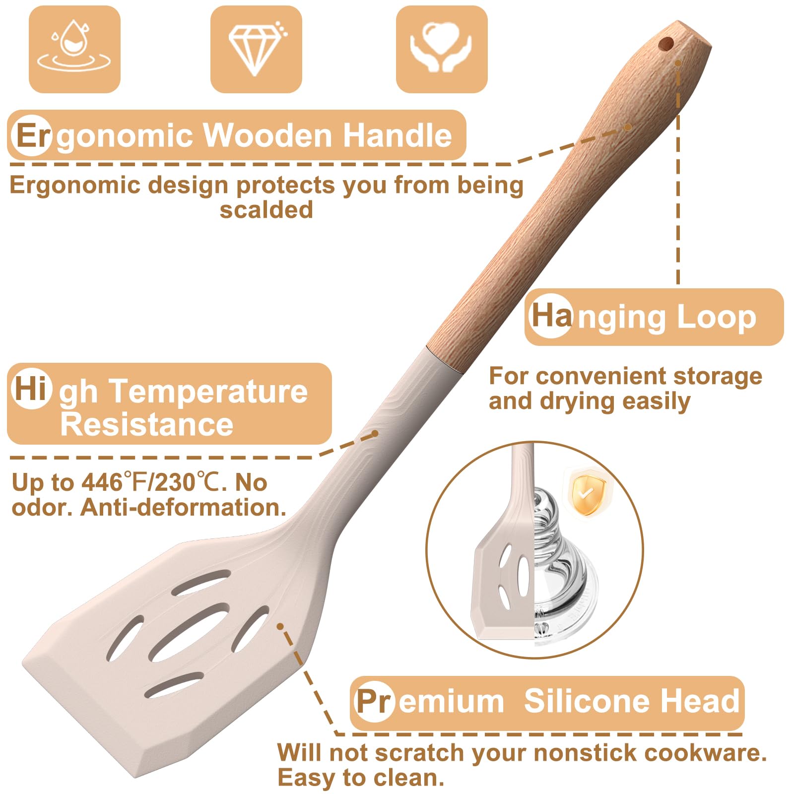 Kitchen Utensils Set- 13 Pcs Cooking Utensils with Tongs, Spoon Spatula &Turner Made of Heat Resistant Food Grade Silicone and Wooden Handles Kitchen Gadgets Tools Set for Nonstick Cookware (Khaki)