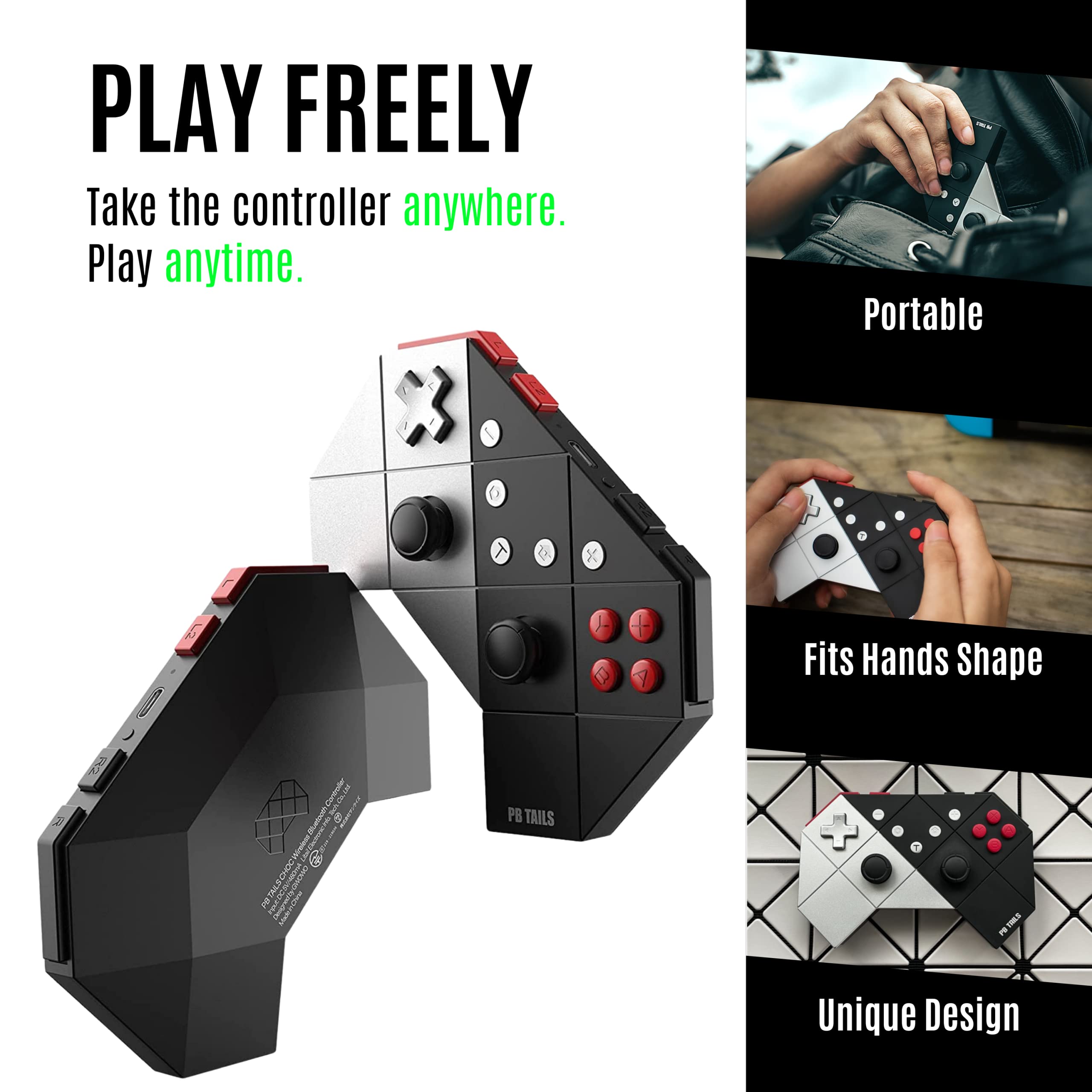 PB TAILS CHOC Portable Android Gaming Controller | Wireless Bluetooth Game Controller for Nintendo Switch, PC, STEAM | Retro Controller Gift Idea | Turbo-Mode, Motion Control, Vibration | Black/Silver