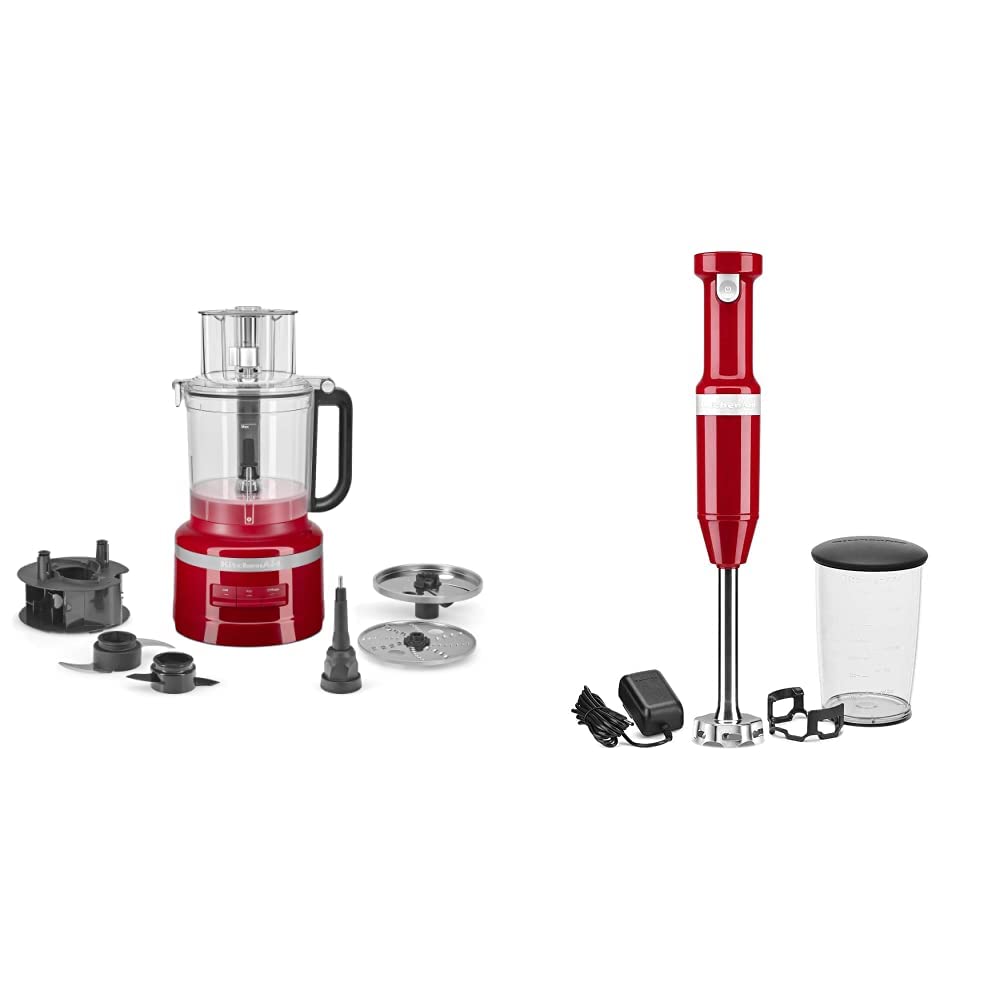 KitchenAid 13-Cup Food Processor and Cordless Variable Speed Hand Blender Bundle, Empire Red
