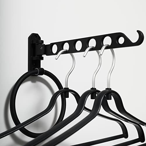 Yooloks Laundry Drying Rack Wall Mounted, Black Folding Clothes Drying Rack Clothes Hanger Rack with Swing Arm and Round Towel Ring, Space Saver for Laundry Room Bathroom Closet Storage Organizer