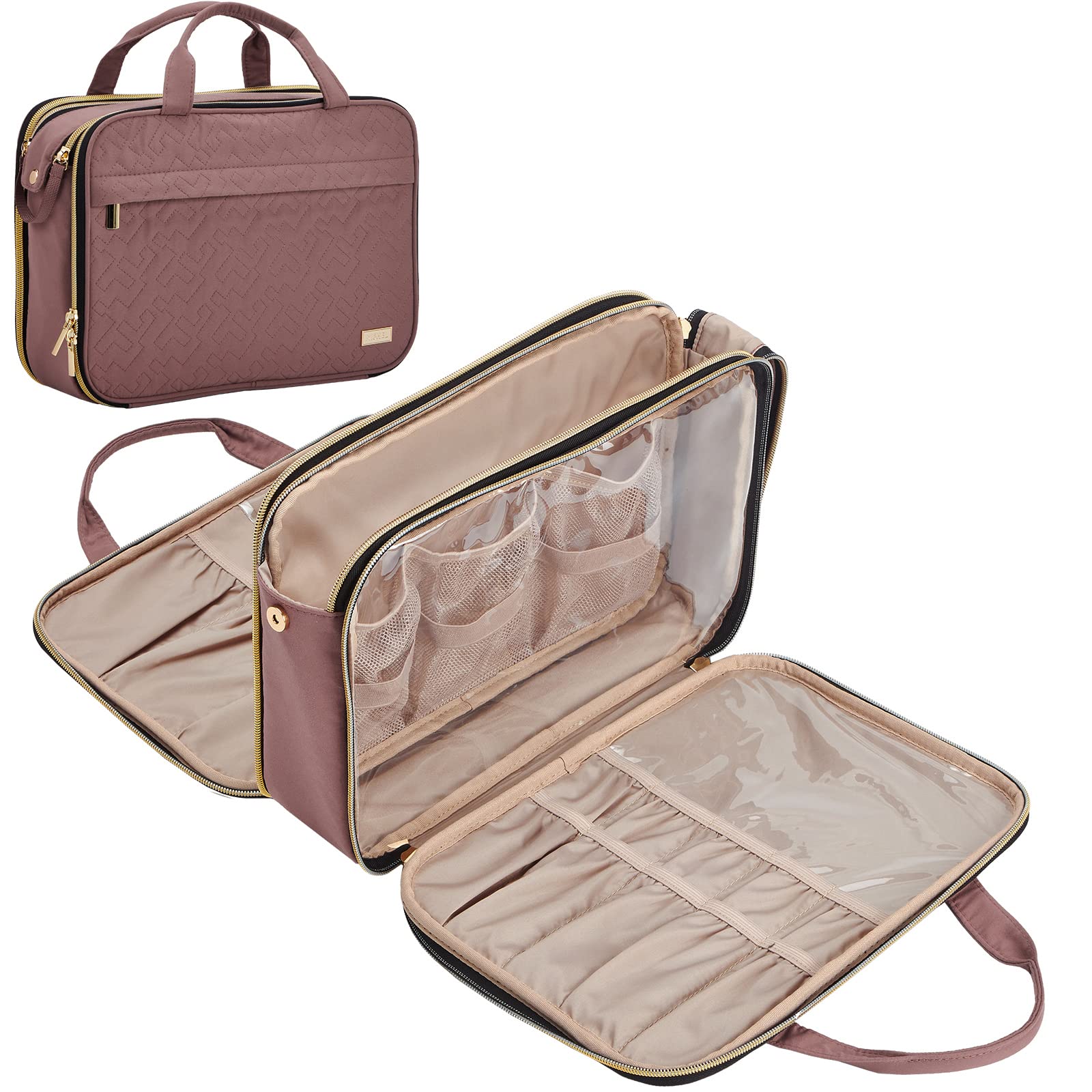 NISHEL Travel Makeup Bag, Portable Cosmetic Organizer, Stand Up Toiletry Bag, Travel Cosmetic Case for Travel Sized Toiletries, Rosewood-Pink