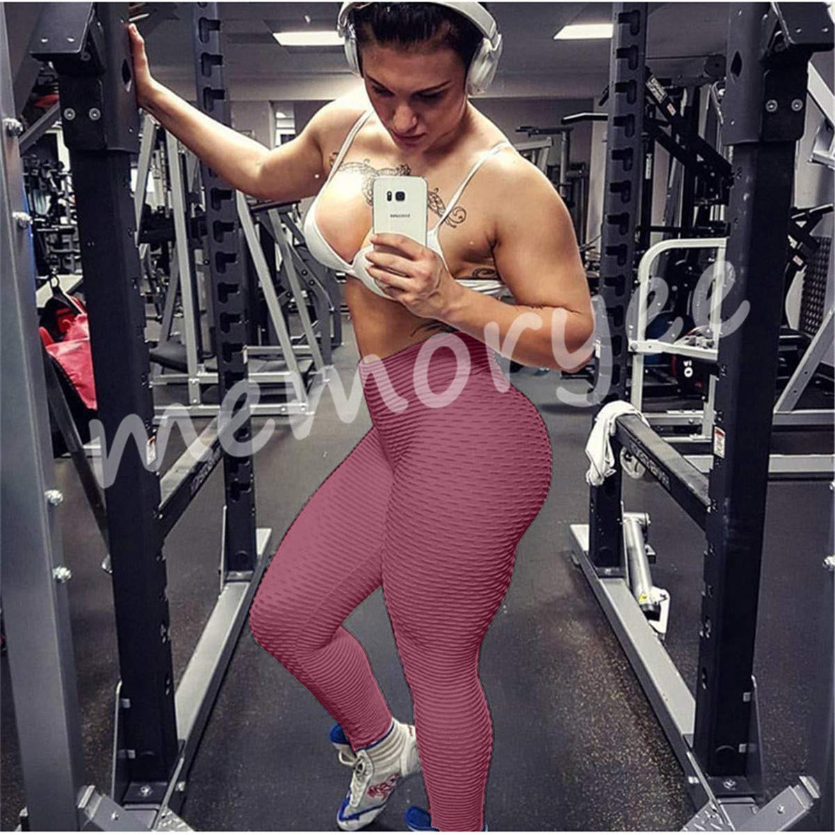 Memoryee Women's High Waist Yoga Pants Butt Lifting Slim Leggings with Pockets/Bean Paste/L