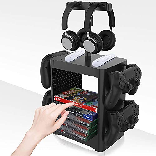 NiSotieb Multifunctional 10 Games Disk Storage Rack for PS5 Controller/Headset Stand Holder for PS4/Xbox Series X/Switch/PS5 Game Accessories Organizer