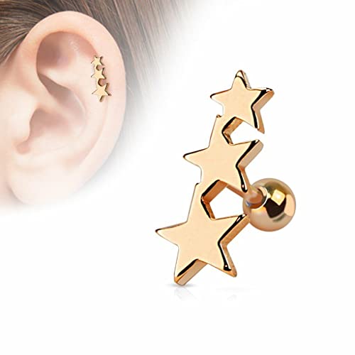PAIR 16g ROSE GOLD TRIPLE STAR STUDS EAR TRAGUS CONCH HELIX DAITH STEEL RING Style 88888-843