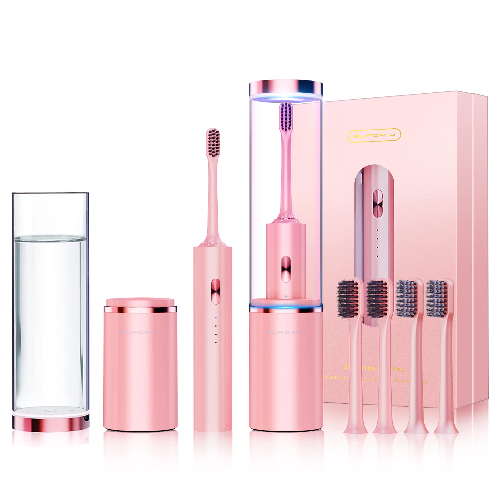 SUFOR-U Q5 Sonic Electric Toothbrush with Cleaning Cup, 4 Modes Travel Toothbrush for Adults, 4 Hours Fast Charge for 45 Days, 41000 VPM, Smart Timer, Self-Cleaning Light Powered Toothbrush (Pink)