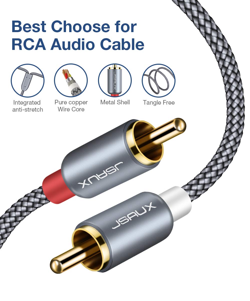 JSAUX 2RCA to 2RCA Cable, [6.6ft/2M, Dual Shielded Gold-Plated] 2RCA Male to 2RCA Male Stereo Audio Cable for Home Theater, HDTV, Amplifiers, Hi-Fi Systems [Grey]