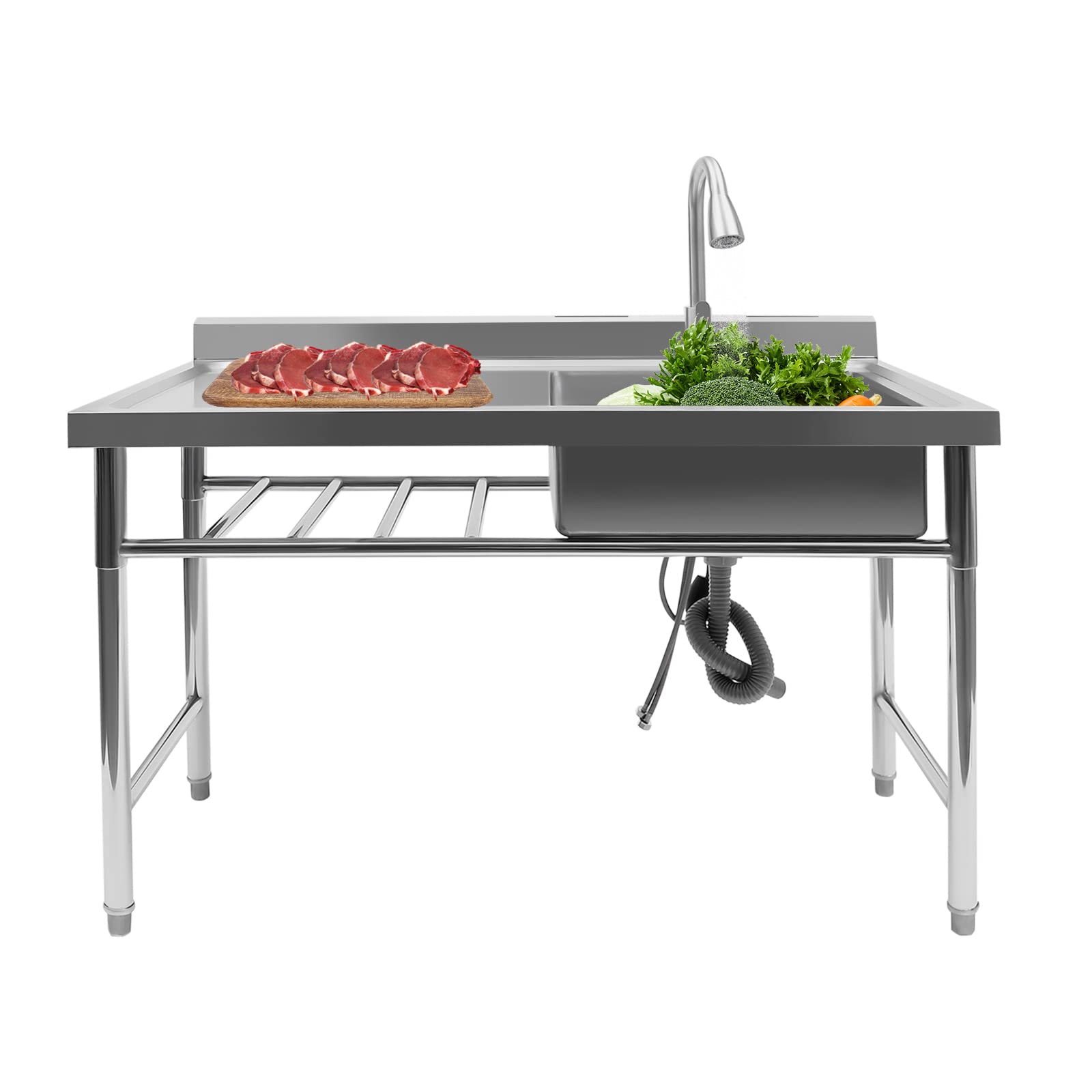 Kitchen Commercial Sink with 1 Compartment Utility Sink 201 Stainless Steel Freestanding Kitchen Sink,Faucet (Restaurant, Kitchen, Laundry, Garage) Silver,47.24 * 23.62 * 31.5inch,Simple Kitchen Sink