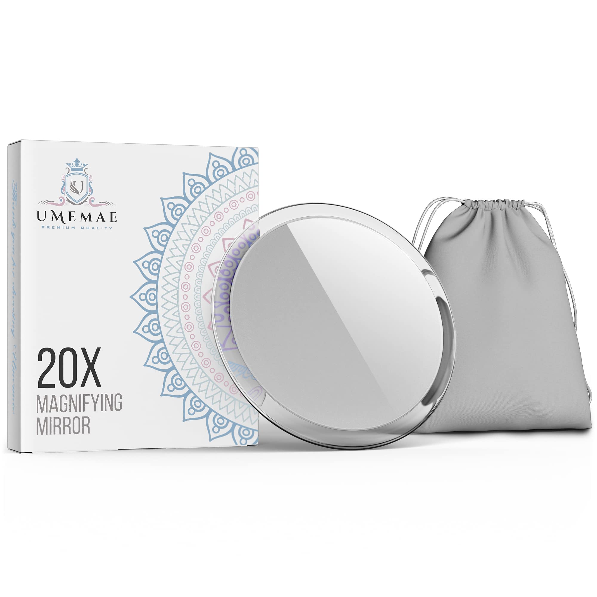 UMEMAE 20X Magnifying Mirror with 3 Strong Suction Cups- 6 Inch Mirror- Use for Makeup Application/Makeup Details- Tweezing- Removing Blackheads/Blemishes-Suction Cups Mirror- Easy Mounting.
