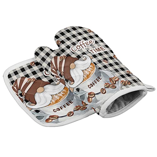 Oven Mitts, Coffee Time Anti-Skid Cooking Gloves for BBQ, Microwave, Baking, Cooking, Thermal Insulation Hot Pads Potholders for Handling Hot Cookware Gnome Coffee Beans Black-White Plaid