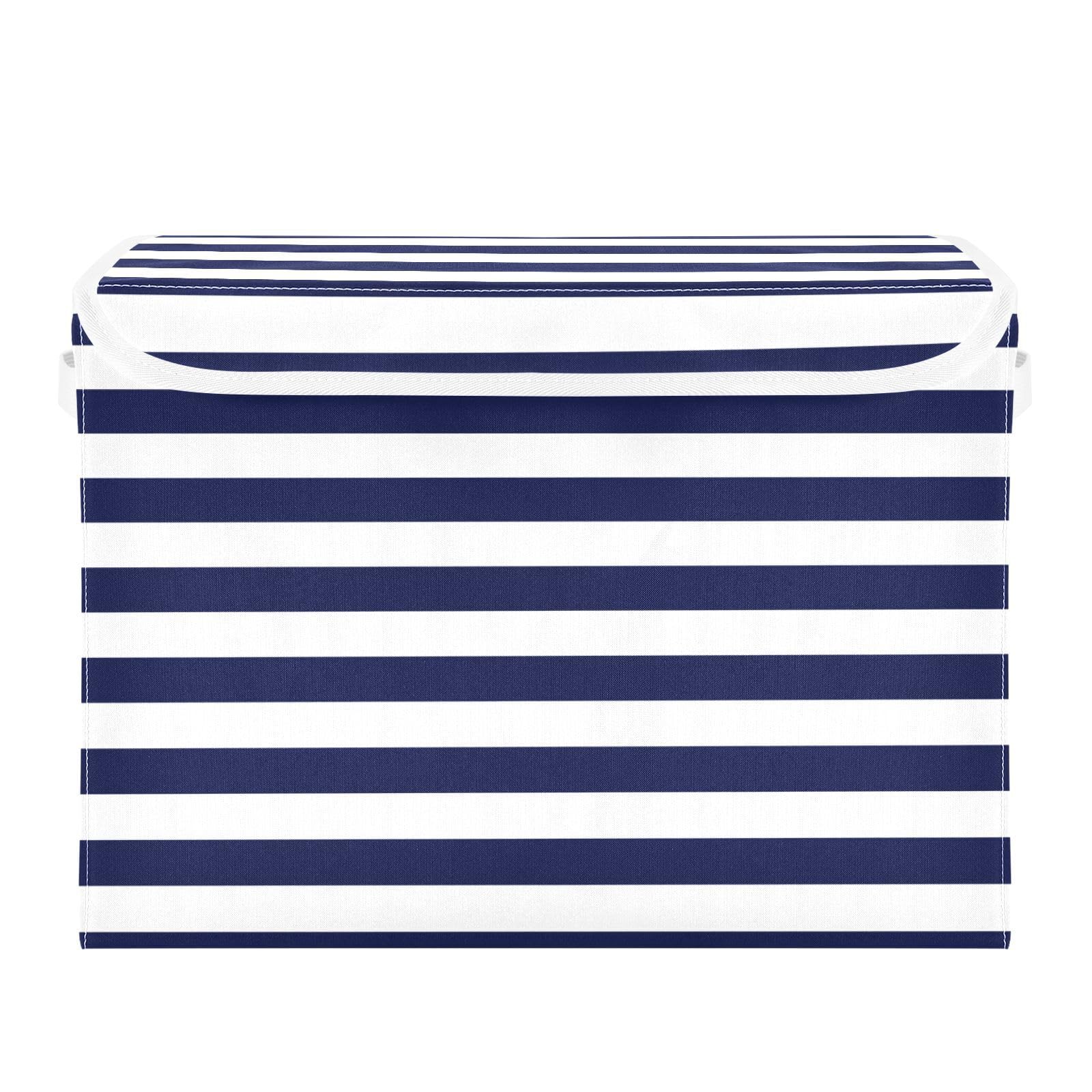 YETTASBIN Navy Blue Stripes Storage Basket with Lid and Handles, Large Collapsible Fabric Storage Bins Sturdy Storage Organizer for Shelves, Closet, Bedroom, School, Office, Home Decor