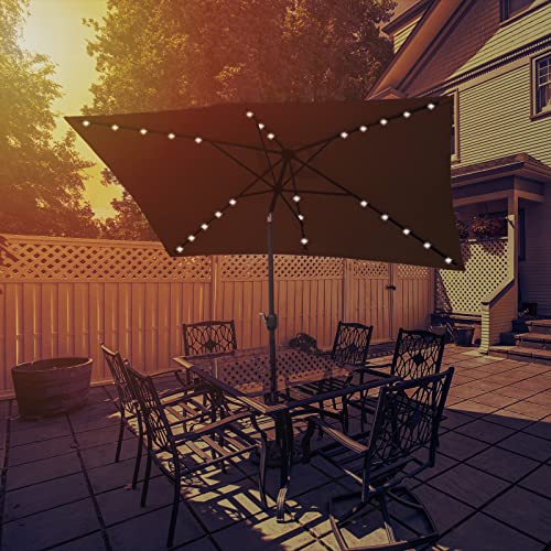 SUNLAX LED Rectangle Patio Umbrellas, 6.5x10ft Market Table Umbrella with Solar Powered Lights-Brown