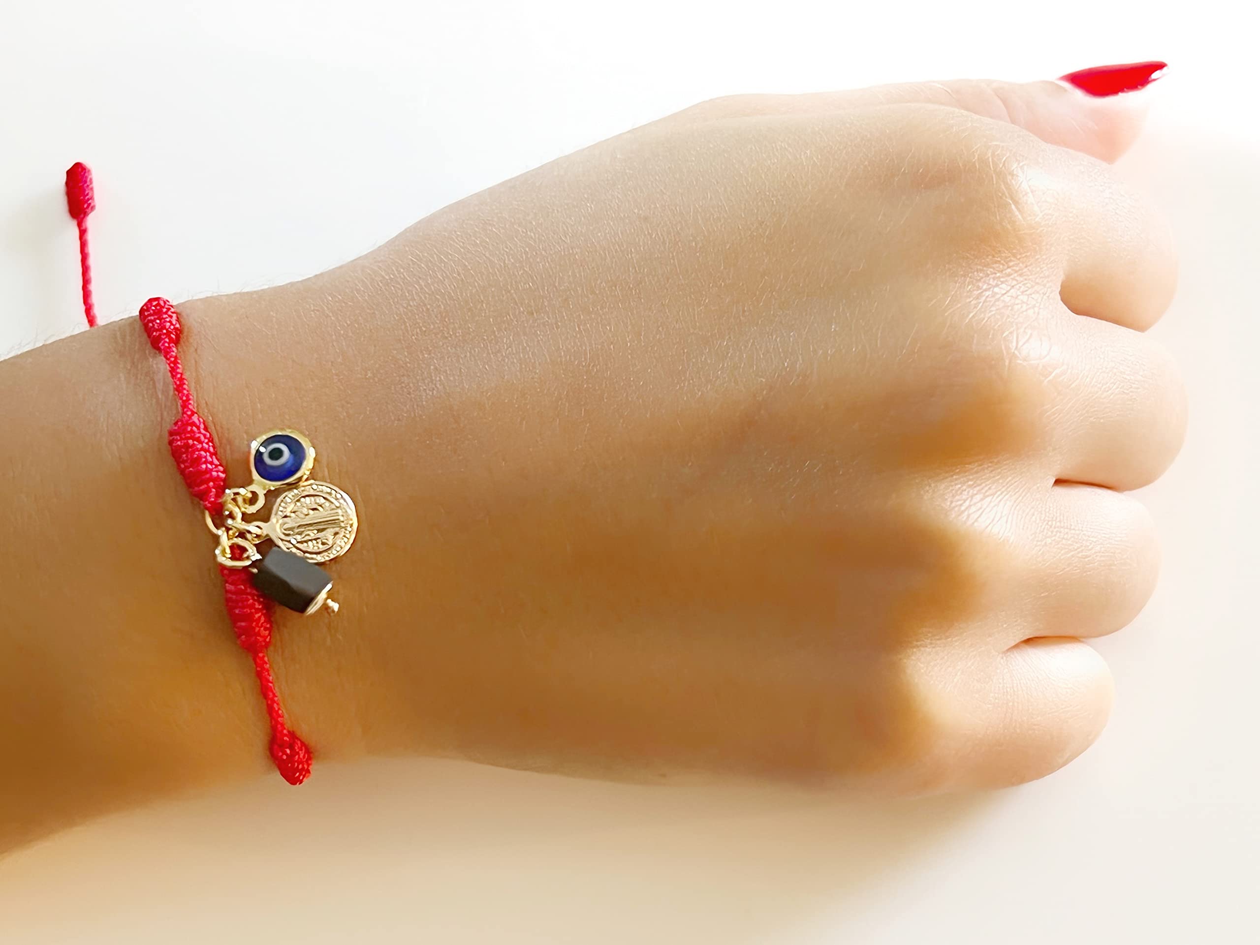LESLIE BOULES Red Thread Saint Benedict Bracelet Blue Evil Eye & Genuine Azabache Stone Pendants Handmade Jewelry