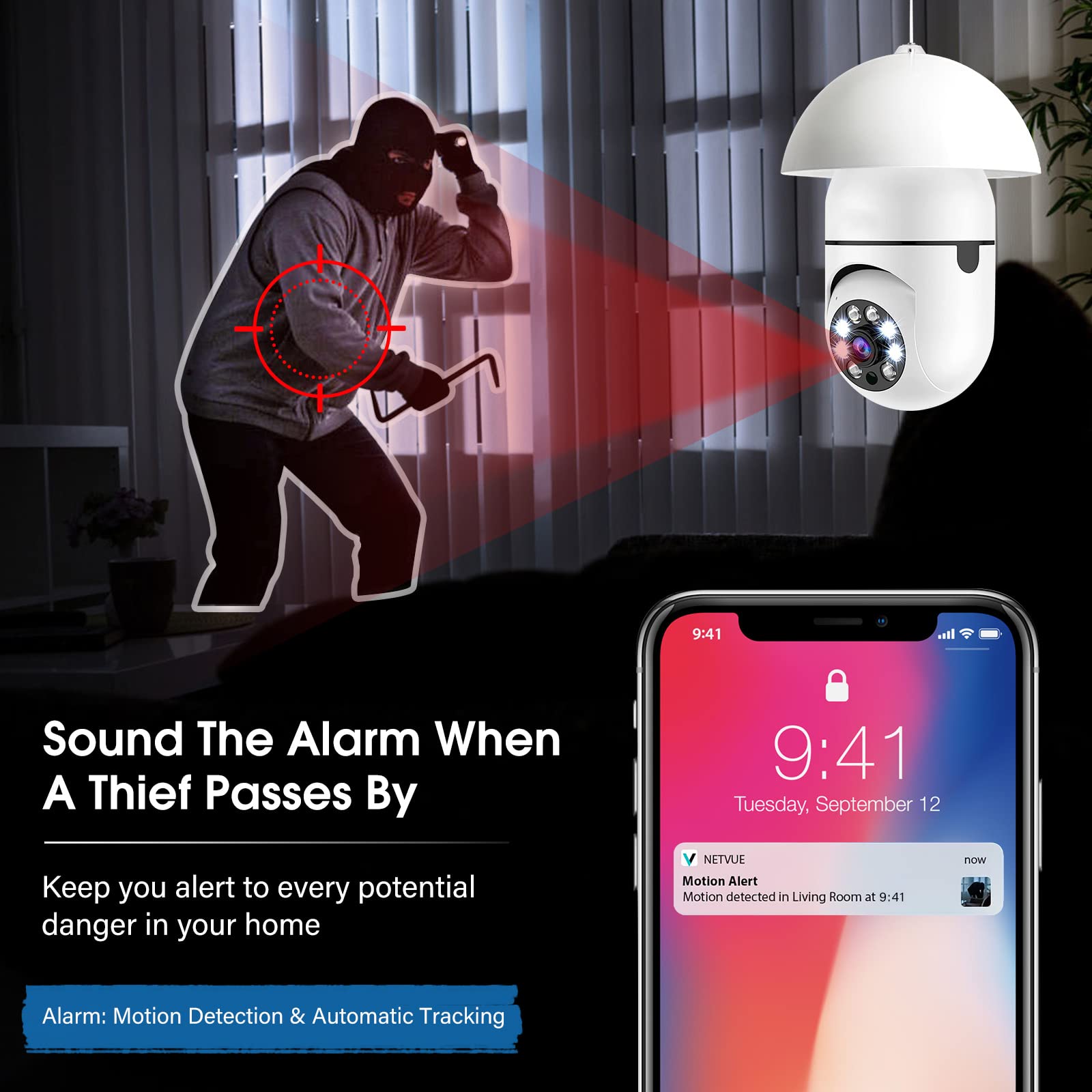 Light Bulb Security Camera Indoor Wireless, 360° Pan/Tilt Panoramic IP Camera, Support 2.4GHz Wi-Fi Surveillance Cam 3MP 1080P HD Night Vision Auto Tracking Alarm Two-Way Audio E27(Not 5GHZ WiFi)