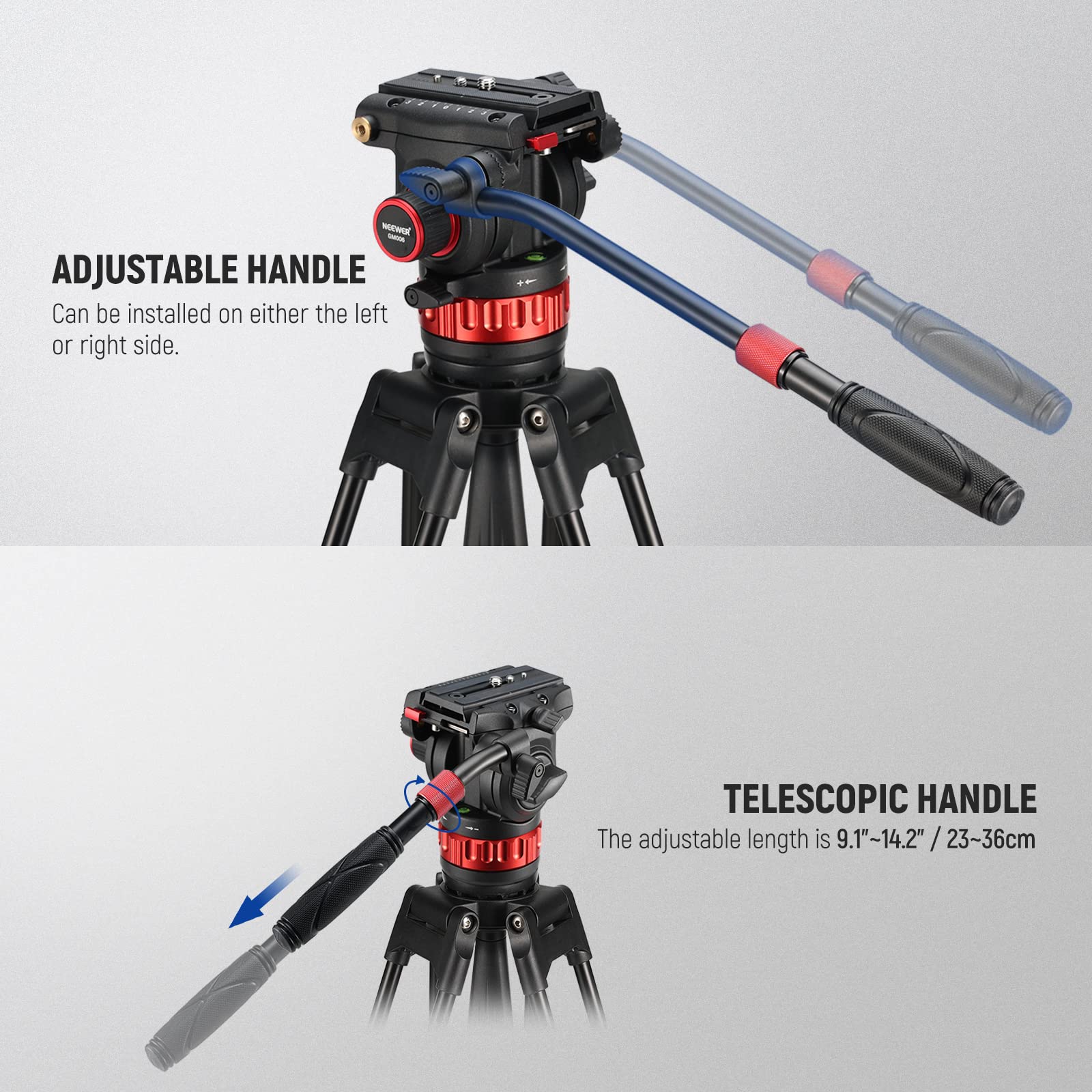 NEEWER Pro Video Tripod Fluid Head with Stepless Adjustable Pan & Tilt Damping, All Metal Heavy Duty QR Plate Compatible with DJI RS Gimbals Manfrotto, Handle, β75mm Base, Max Load 22lb/10kg, GM006