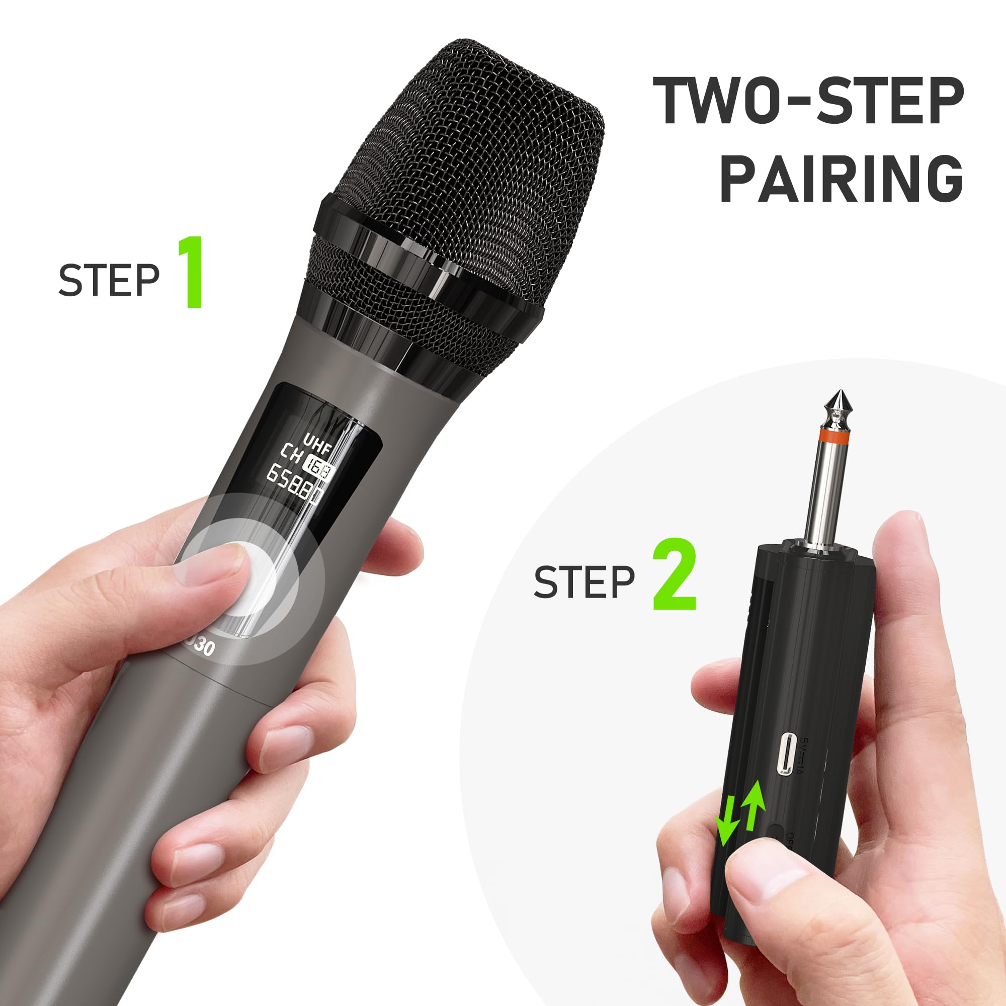 JYX Wireless Microphone, Dual UHF Metal Rechargeable Handheld Dynamic Cordless Mic, Karaoke Microphone with Receiver, 6.35mm (1/4") Output, 3.5mm (1/8") Adapter, 160 ft Range, for Party, DJ, Meeting