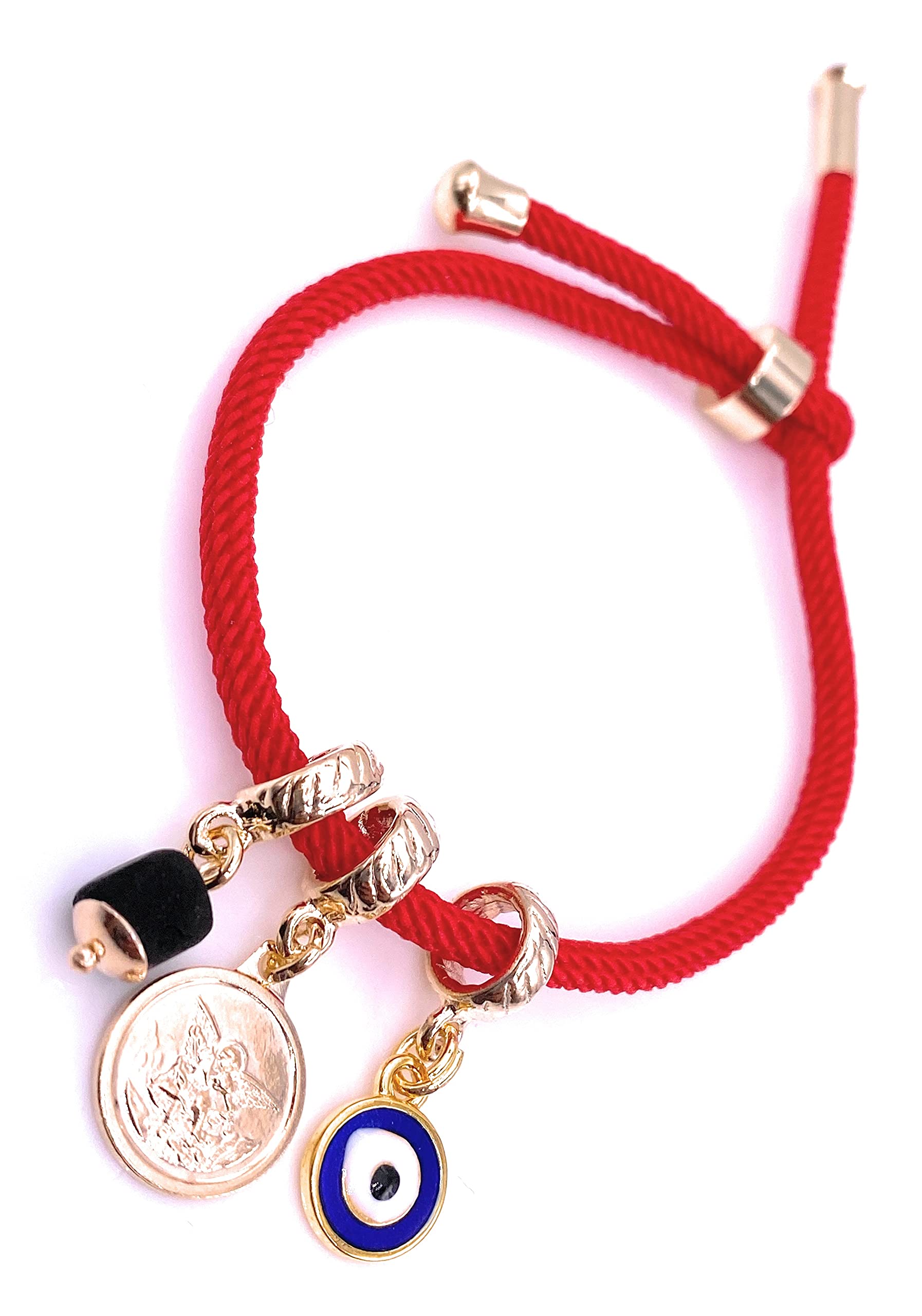 LESLIE BOULES Red Charm Bracelet Saint Michael Archangel Medal Genuine Azabache Stone and Blue Evil Eye Pendant