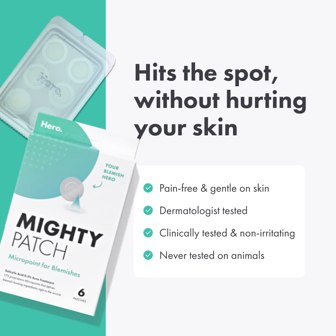 Mighty Patch Micropoint for Blemishes from Hero Cosmetics - Hydrocolloid Acne Spot Treatment Patch for Early Stage Zits and Hidden Pimples, 395 Proprietary Micropoints (6 Patches)