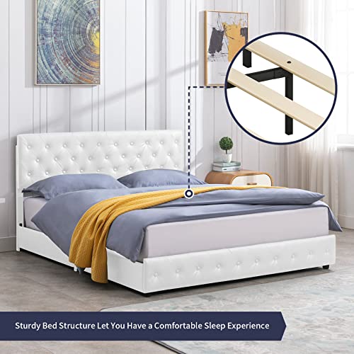 ZAFLY California King Platform Bed Frame with Button Tufted Headboard,Upholstered PU Leather Cal King Bed Frame with 4 Storage Drawers,Wooden Slats Support,No Box Spring Needed,Easy Assembly,White