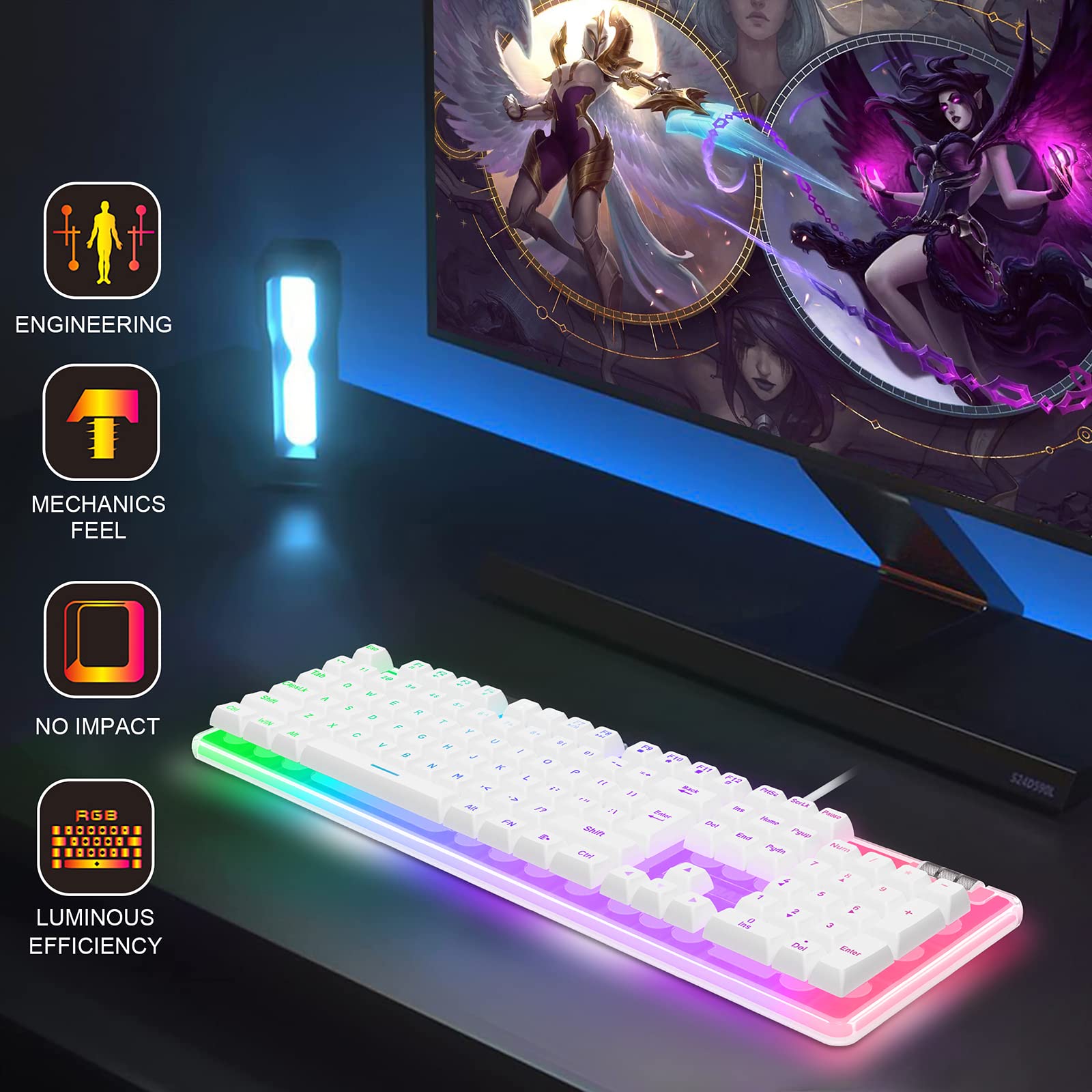 K10 RGB Gaming Keyboard,Transparent Case RGB Backlit Keyboard with PBT Keycap,Ergonomic Wired White Keyboard with Mechanical Feel 104 Key keyboard with Scroll Wheel for PC PS4 Xbox Mac Gaming Office