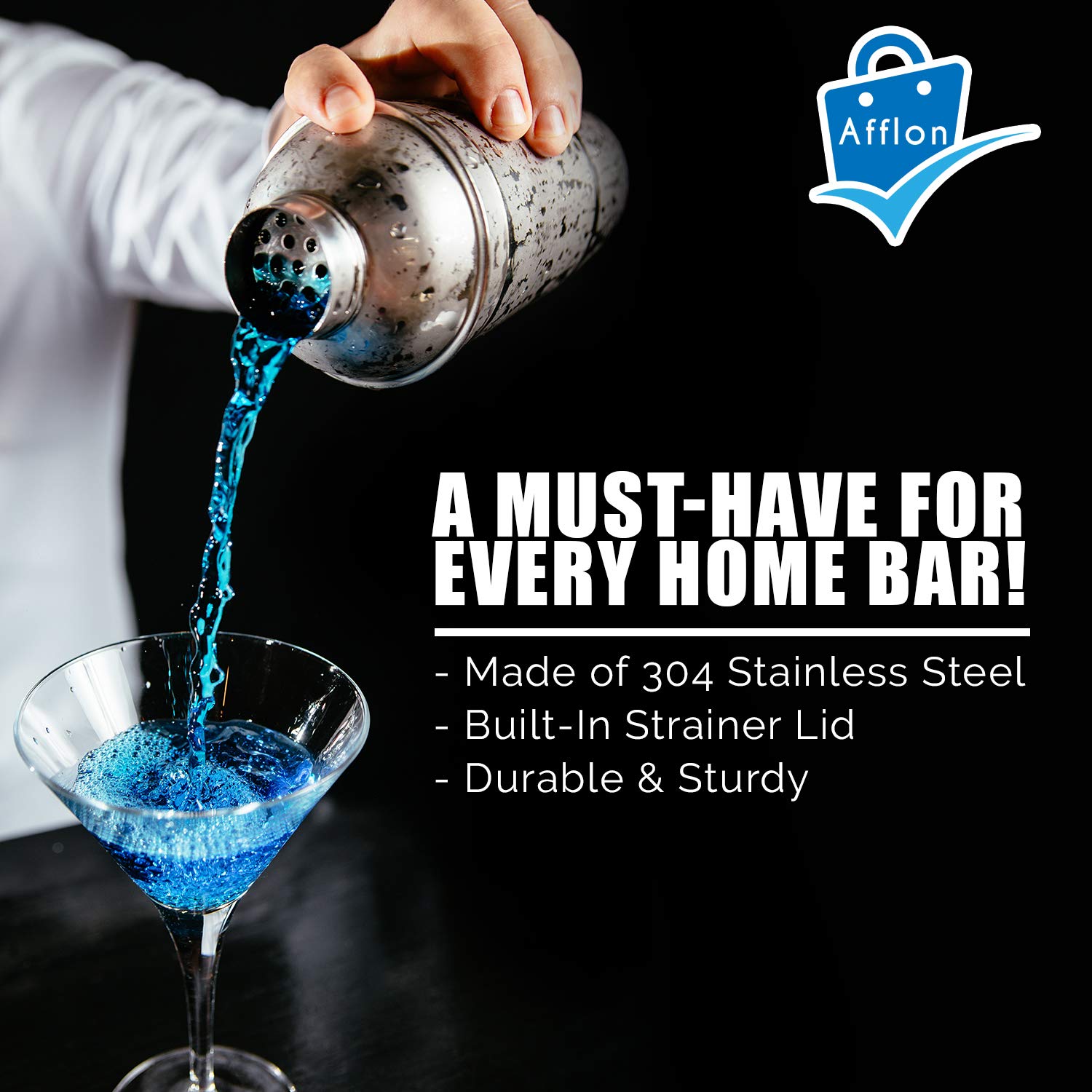 Stainless Steel Cocktail Shaker by Afflon – Professional Martini Shaker for Cocktails – 24oz Margarita Shaker - Bartender Mixer - Drink Shakers and Strainers Bar Set - Liquor Shaker