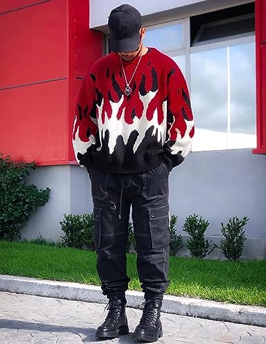 ZAFUL Mens Long Sleeve Flame Graphic Y2K Knit Sweaters Casual Oversized Sweater Pullover Wine Red XXL