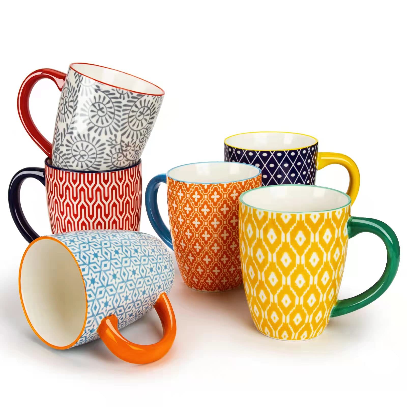 KitchenTour Ceramic Coffee Mug 11.6oz - Set of 6 - Coloful Restaurant Mugs - Cup set for Coffee, Tea, Cappuccino, Cocoa - Bohemia style