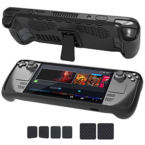 Protective Case for Steam Deck,TPU Steam Deck Protector with Kickstand, Shock-Absorption Anti-Scratch Non-Slip Anti-Collision Design Protector Cover with Button Stickers for Steam Deck - Gray