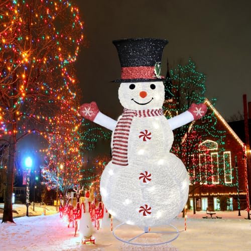 Lighted Christmas Snowman Decorations, 4FT Outdoor Collapsible White Snowman with Built-in LED Lights, Pre-Lit Pop Up Xmas Snowman, Light Up for Holiday New Year Winter Decor (lint)