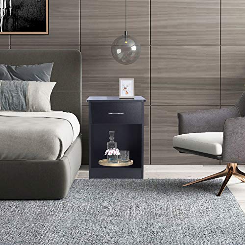 TINSAWOOD 1-Drawer Nightstand, End Table with Drawer and Open Storage Shelf, Nightstand Chest for Bedroom and Dorm Bedside, Black