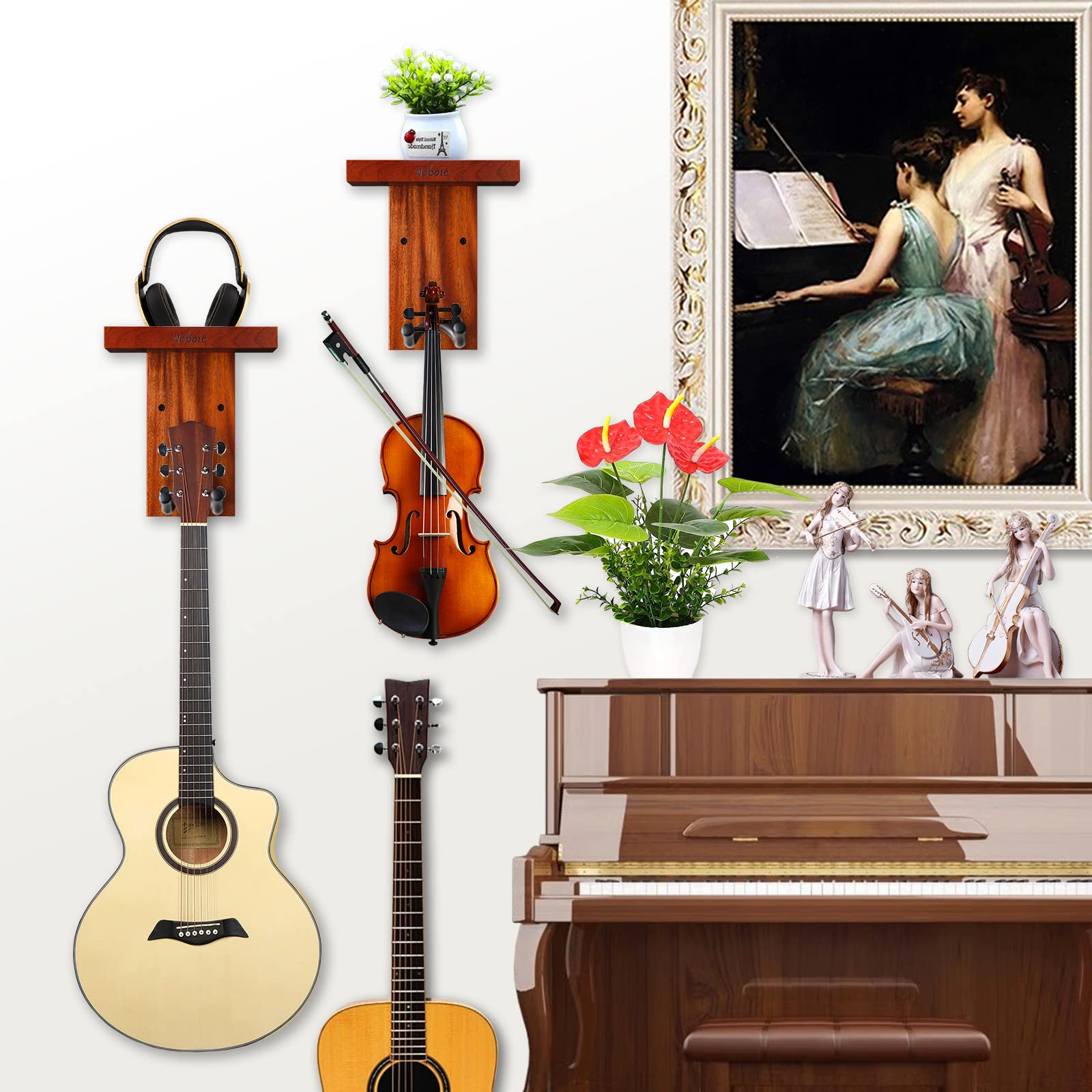 Neboic 2 Pack Guitar Wall Mount, Guitar Hanger with Wood Shelf, Guitar Hook, Guitar Holder for Acoustic Electric Bass Guitar Ukulele Banjo Mandolin