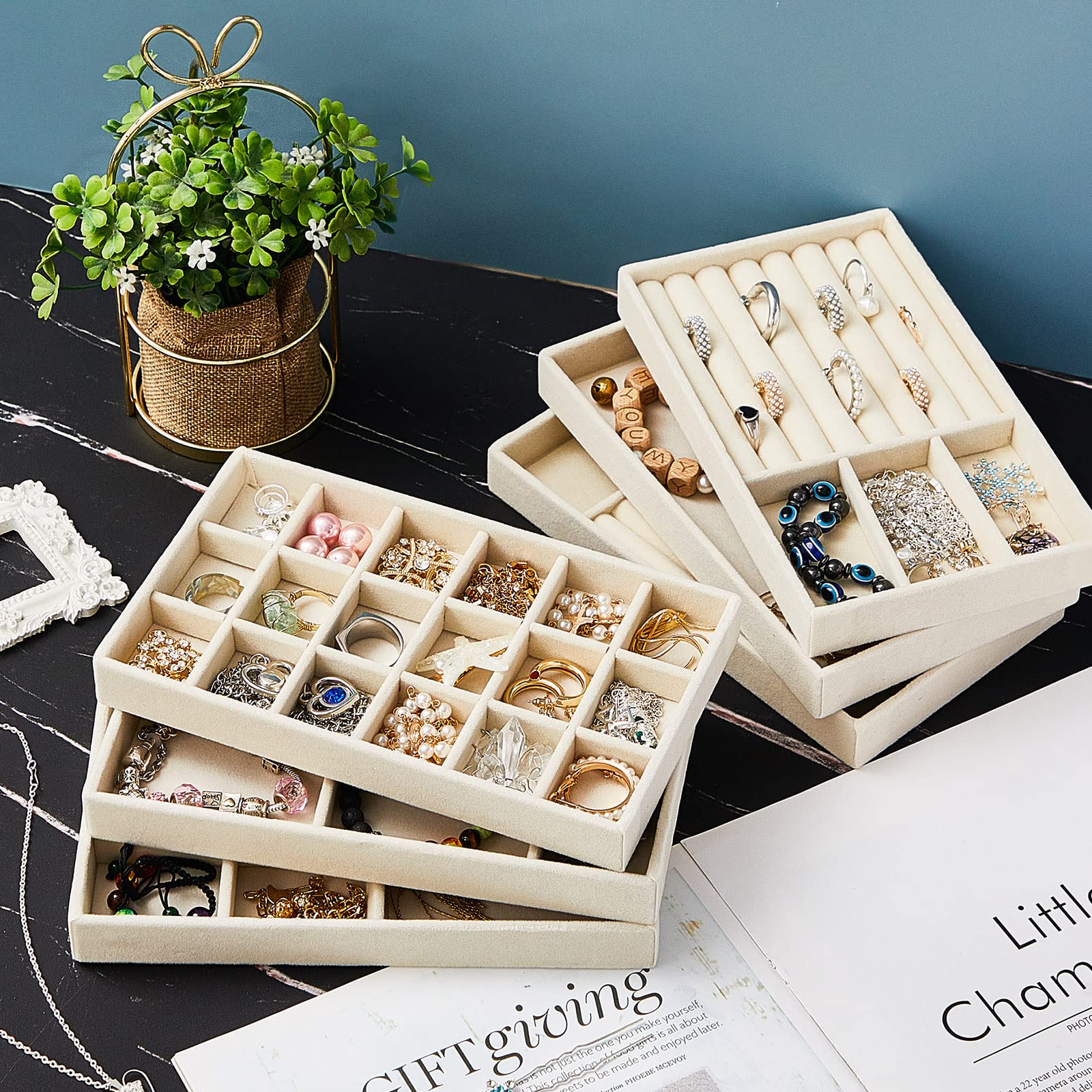 Junkin 18 Pcs Velvet Jewelry Tray Stackable Jewelry Drawer Organizer Dresser Inserts Closet Jewelry Box Divided Display Tray for Bracelet Brooch Necklace Ring Earring Watch Bangle (Beige)