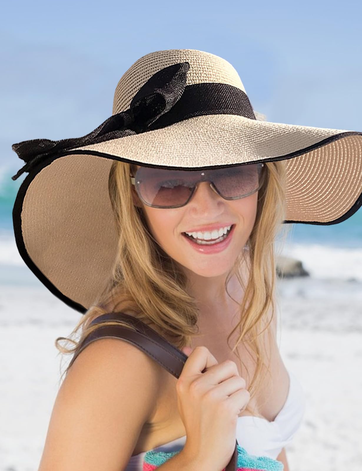 Karcusiny Sun Hat Womens Foldable Straw Hats Wide Brim Beach Hat Packable Sun Hat Women Summer Roll Up Sun Hats for Women (Black Edge-Beige)