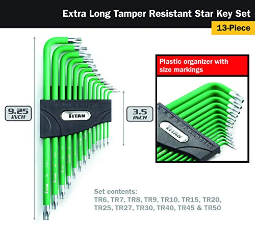 Titan 12715 Extra-Long Arm Tamper Resistant Star Key Set - 13 Piece , Green