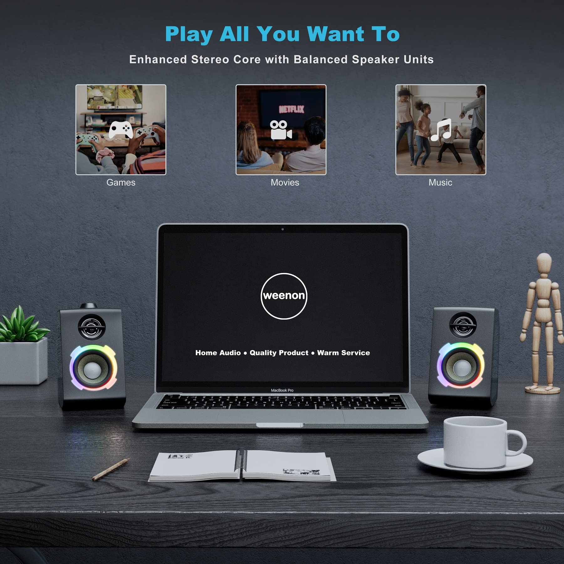 weenon Computer Speakers Desktop, Compact Dynamic RGB PC Gaming Speaker with Clear Case Subwoofer Surround Sound Bluetooth 5.0, 12 RGB Modes, Built-in Mic for PC Monitor, Laptop, 12V2A