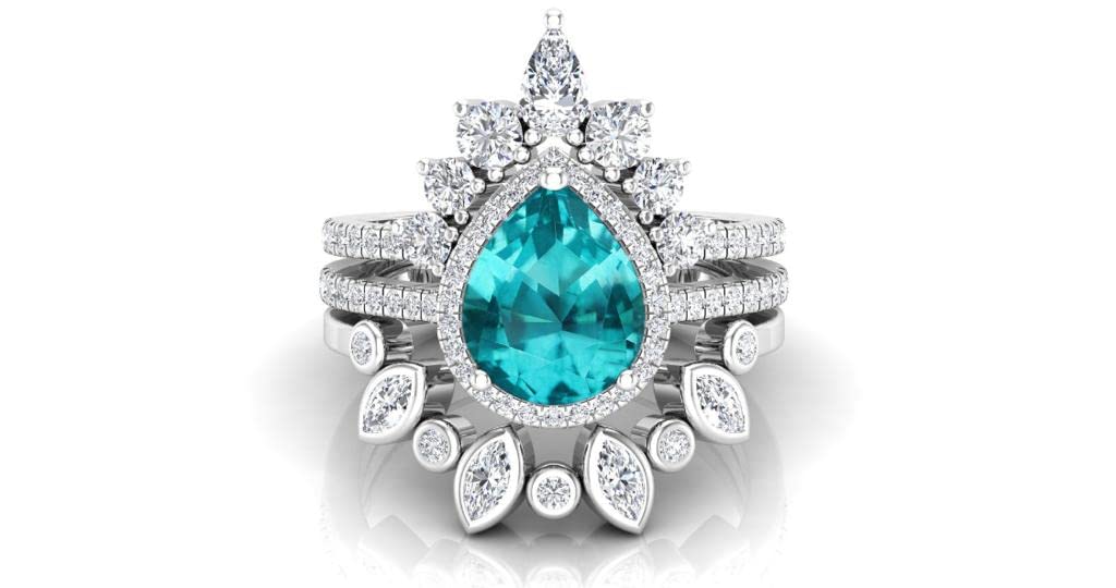 Pear 10x8mm Lab Grown Paraiba Tourmaline Engagement Ring Set, Antique 3Pcs Wedding Ring Set For her, Vintage Halo Ring, Teardrop Stone Ring (WHITE, 8)