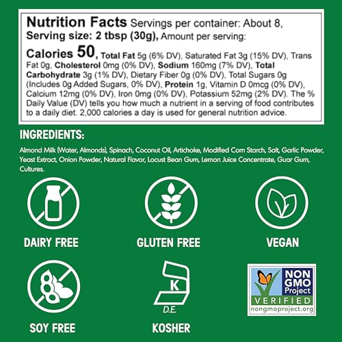 Kite Hill Spinach Artichoke Almond Milk Dip, 8 Ounces, Dairy Free, Gluten Free, Non-GMO, Vegan