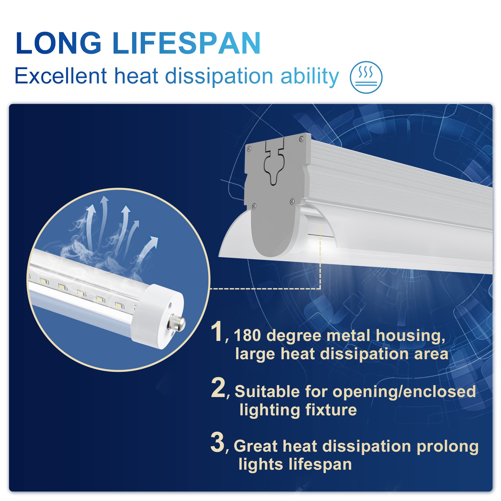 LEDIARY 25-Pack 8FT LED Tube Light, for T8 or T10 or T12 Flourescent Light Bulbs (120W) Replacement, 45W 5200LM 6000K, FA8 Single Pin Base, Dual Ended Power, Ballast Bypass