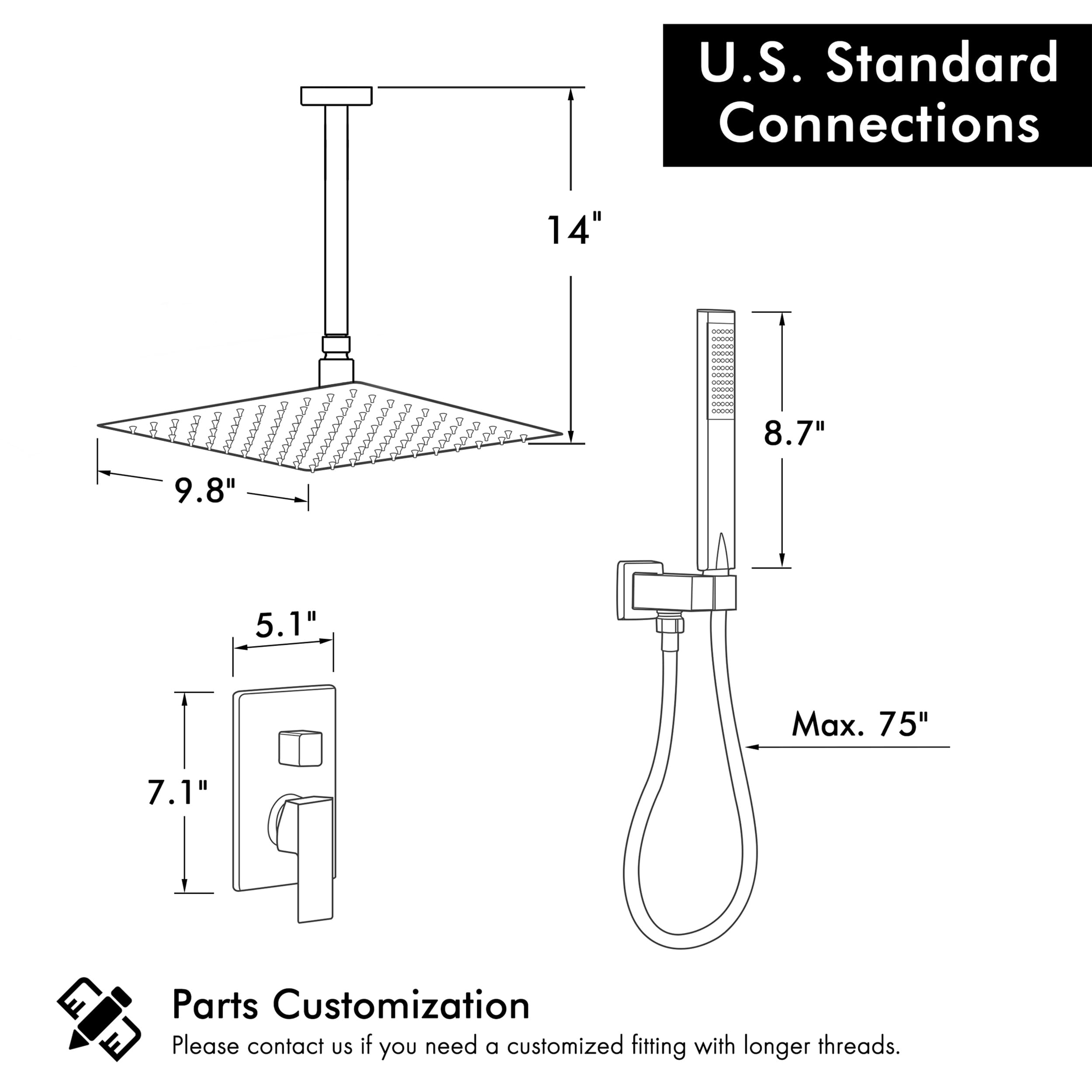 KES Ceiling Shower Head Shower System 10 Inches Rain Shower Faucet Set Shower Valve and Trim Kit Matte Black, XB6235-BK