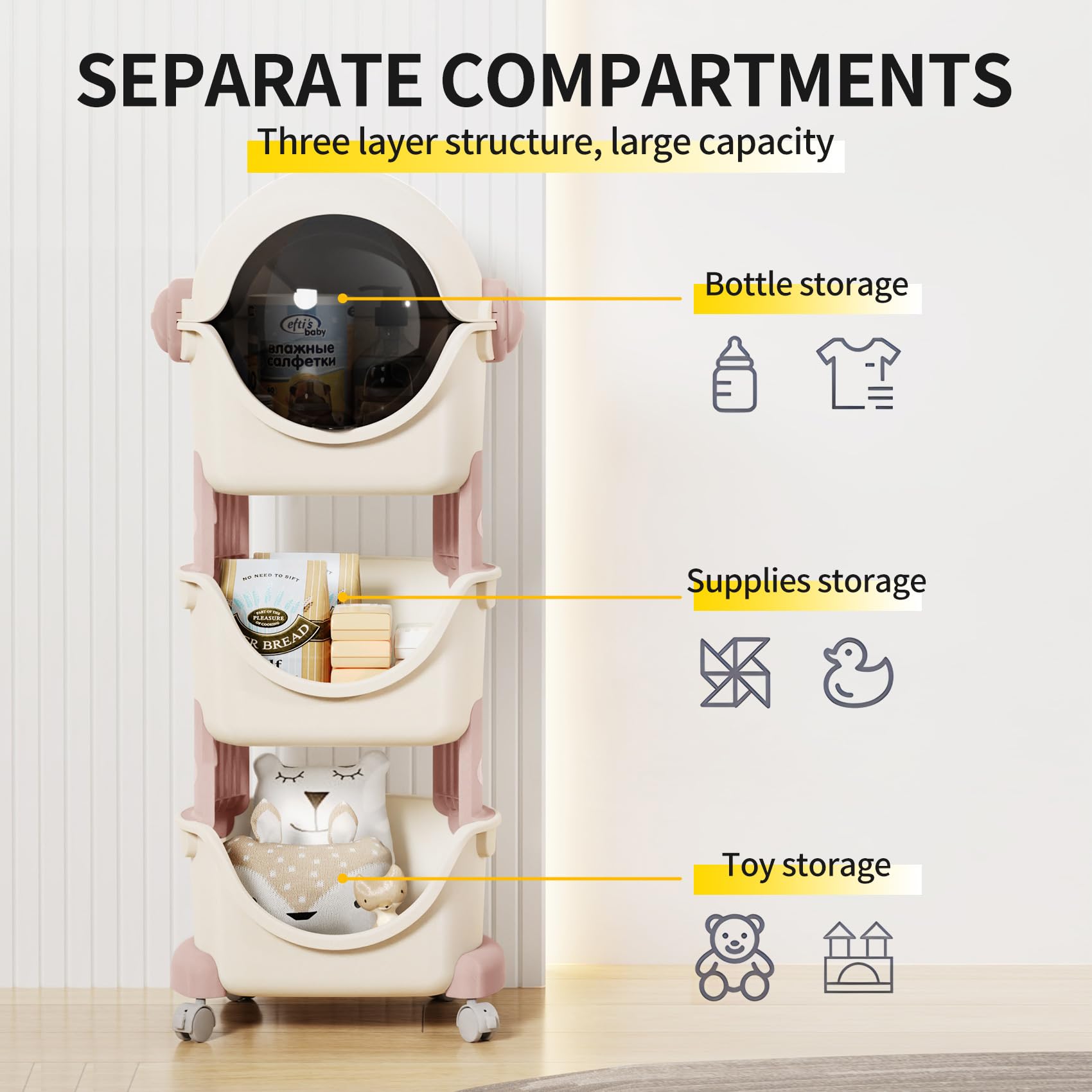 UNICOO Kids Spaceman Toy Storage Organizer, 3-Tier Stackable Plastic Rolling Cart, Multi-Functional Children's Storage Rack Shelf with Wheels for Playroom, Bedroom, Classroom, Nursery (Pink & White)