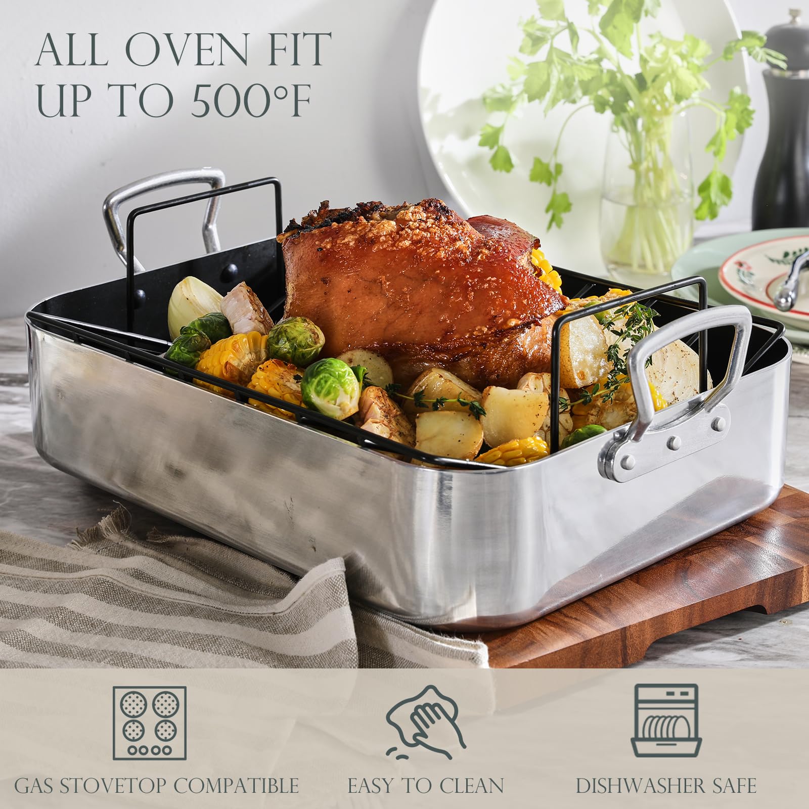 KITESSENSU Nonstick Turkey Roasting Pan with Rack 17 x 14 inch - Large Chicken Roaster Pan for Oven - Wider Handles & Heavy Duty Construction - Suitable for 24lb Turkey, Cream