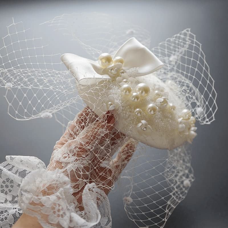 Pearl Bridal Headpiece Handmade Bride Veil Fascinator Wedding Hair Accessories Photo Pillbox Hat
