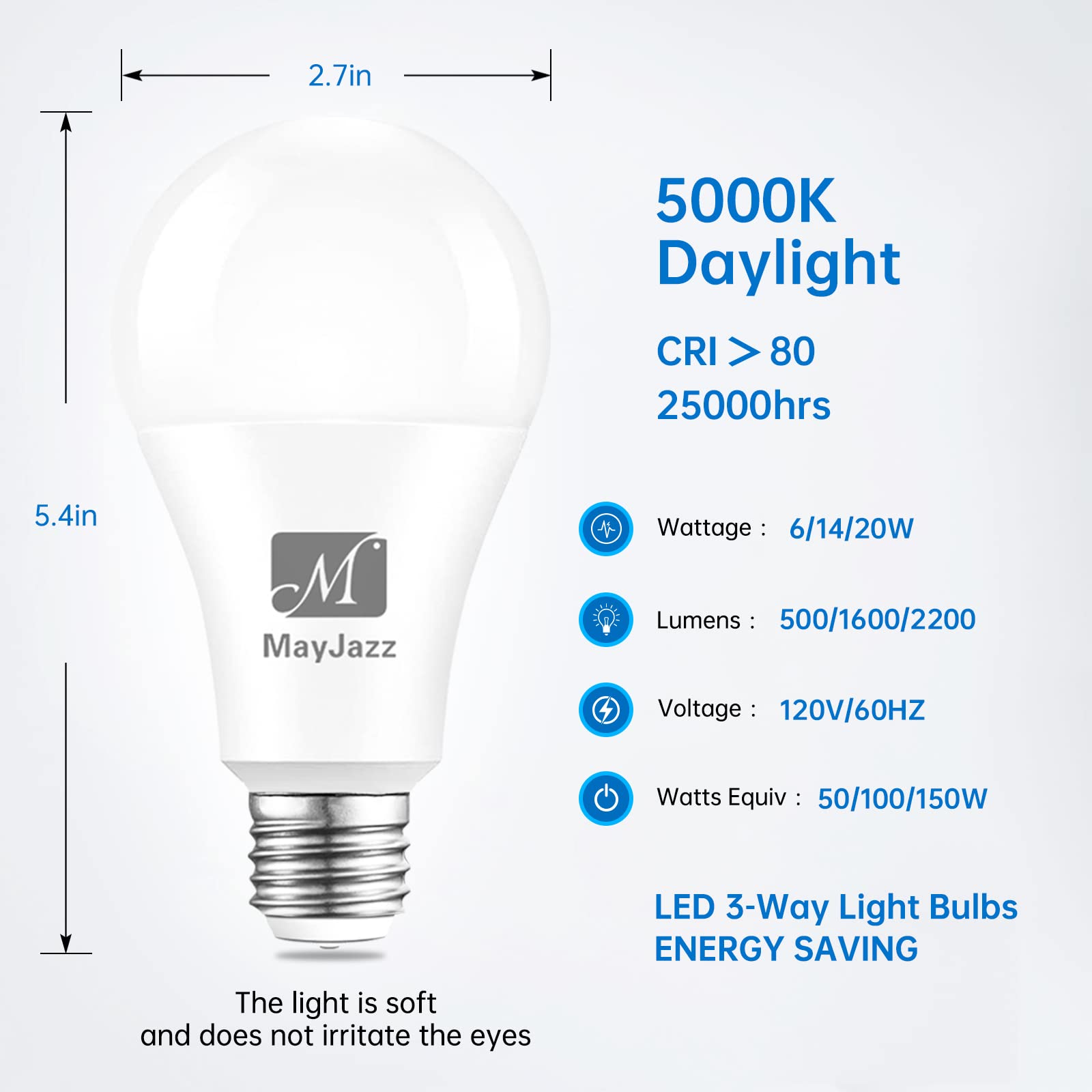 M MayJazz 3 Way LED Light Bulbs 50 100 150 Watt Equivalent,A21 Three Way Light Bulbs 5000K Dayligt White,6-14-20W,E26 Medium Base,2 Pack