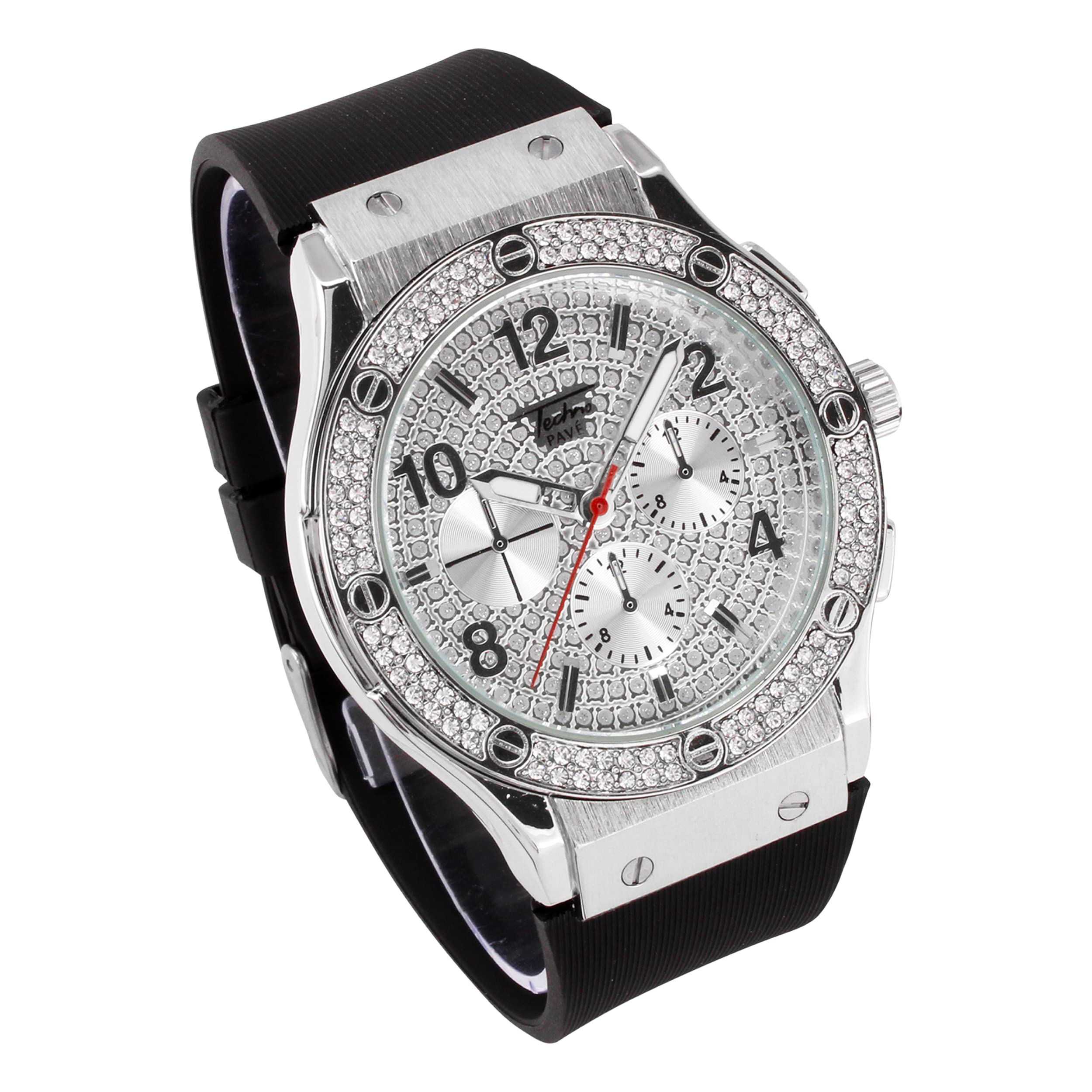 Mens Bust Down 43mm Iced Out Silicon Band Silver Watch with Chronograph Display and CZ Pave Diamonds - Solid Metal Case and Black Adjustable Band - Inspired by Rapper & Hip Hop Fashion