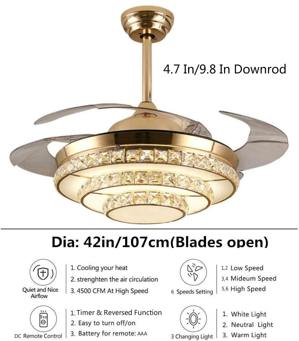 Lighting Groups 42 Inch Invisible Ceiling Fan with 3-Color Changing Light Remote Control Retractable Blades Fandelier for Living Room Dining Room Reversible Ceiling Fan with Indoor Lights (Gold D)