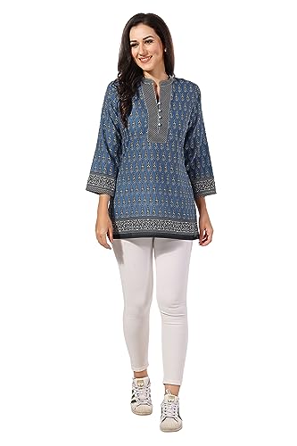 Keshubaba Indian Kurtis for Women - Cotton Indian Style Short Kurta Kameez - Printed Tunics Tops for Jeans & Leggings (Blue/X-Large)