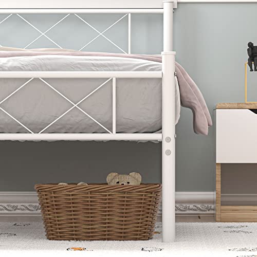 VECELO Twin Size Platform Bed Frame with Headboard and Footboard, Heavy-Duty Mattress Foundation with Steel Slats Support, No Box Spring Needed/Easy Assembly, Pure White