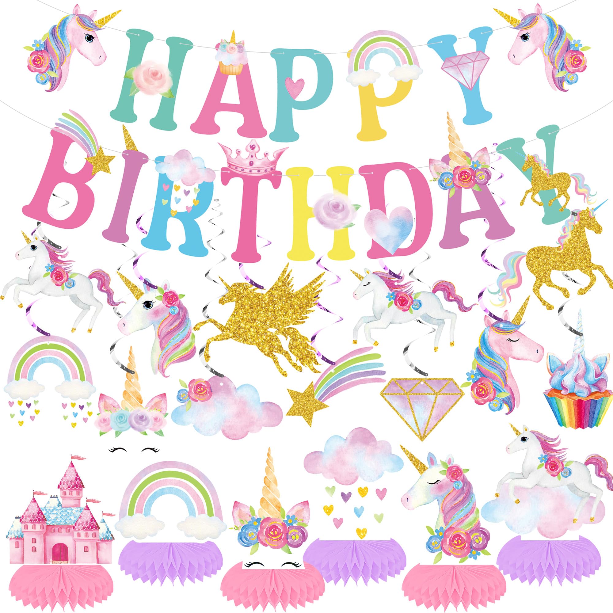 Unicorn Birthday Decorations Unicorn Happy Birthday Banner Unicorn Hanging Swirls Unicorn Honeycomb Centerpiece for Unicorn Theme Birthday Baby Shower Party Supplies
